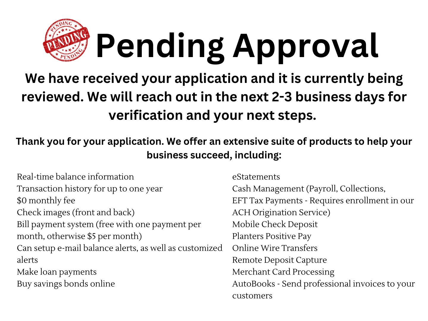 Business Application Pending Approval | Planters Bank